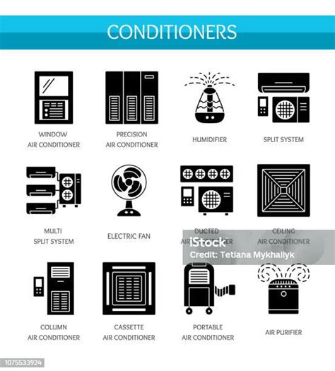 통풍 및 공기 조절기 Hvac 장비입니다 가습기 정수기 전기 팬 시스템 분할 벡터 평면 아이콘 세트입니다 고립 된 개체 에어컨에 대한 스톡 벡터 아트 및 기타 이미지