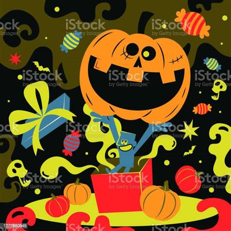 으스스한 할로윈 파티 초대장 블루 맨과 큰 호박 잭 O 랜턴과 사탕선물 상자밖으로 터져 열기에 대한 스톡 벡터 아트 및 기타 이미지 열기 열다 할로윈 Istock