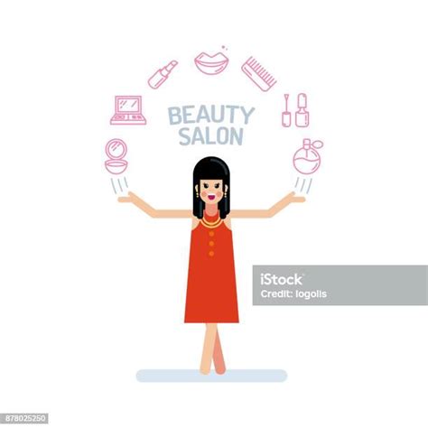 아름 다운 여자 또는 여자 문자를 그의 손으로 빨간 드레스에 뷰티 살롱 아이콘 머리 위에 반원에서 배열 된다 거울에 대한 스톡 벡터 아트 및 기타 이미지 Istock