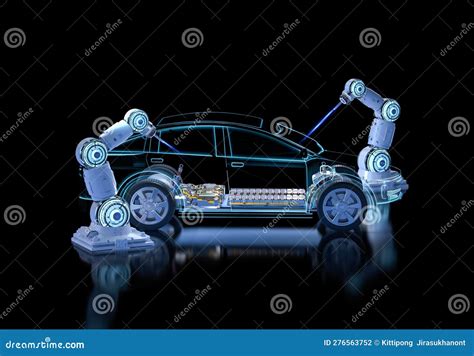 Robot Assembly Line With Electric Car Battery Cells Module On Platform