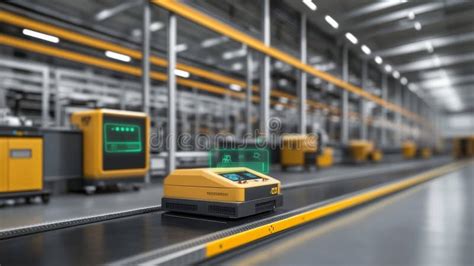 Automated Factory Production Line With Yellow Robots Stock Illustration