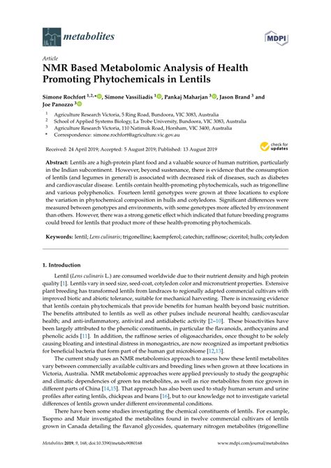 Pdf Nmr Based Metabolomic Analysis Of Health Promoting Phytochemicals In Lentils