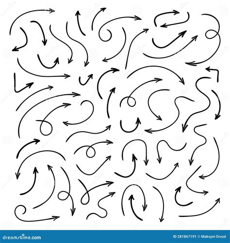 Hand Drawn Curved Arrows Sketch Doodle Style Collection Of Pointers Stock Vector