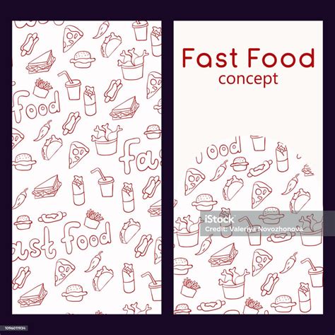 벡터 로고 디자인 서식 파일 그리고 포장에 대 한 낙서 스타일의 완벽 한 패턴 패스트 푸드 개념입니다 벡터 일러스트 레이 션 0