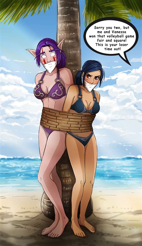 Rule 34 2girls Akinasilver Bikini Blue Bikini Blue Hair Bondage Bound Bound Arms Bound To Tree