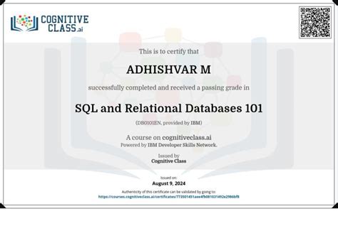 Adhishvar Murthy On Linkedin Ibm Db0101en Certificate Cognitive Class