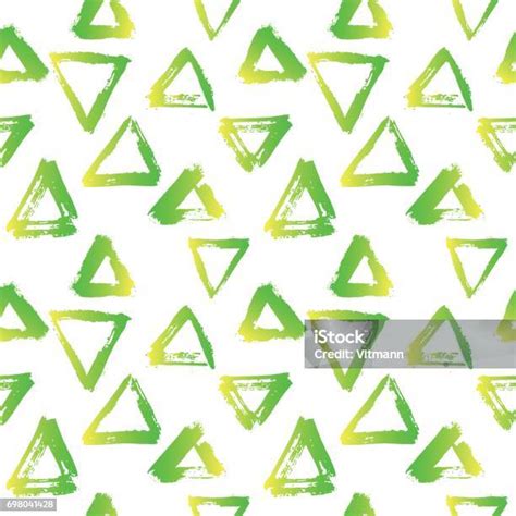 브러시와 벡터 원활한 패턴 삼각형 노란색 흰색 바탕에 녹색 그라데이션 색 손으로 그린 그레인 텍스처 잉크 기하학적 요소입니다