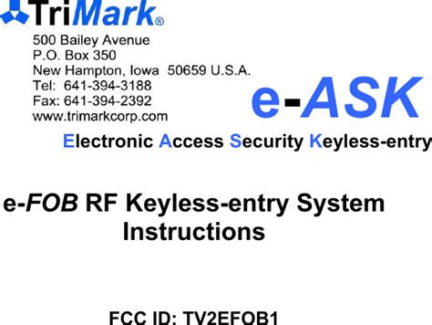 Trimark Erx E Fob Rf Keyless Entry System User Manual Ff Efob 032706
