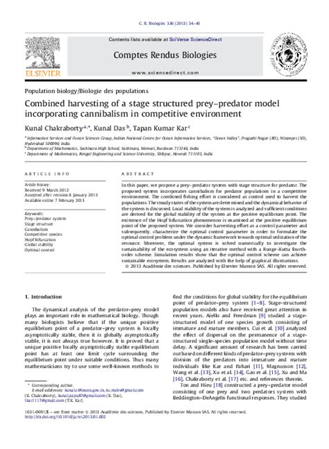 Pdf Combined Harvesting Of A Stage Structured Preypredator Model