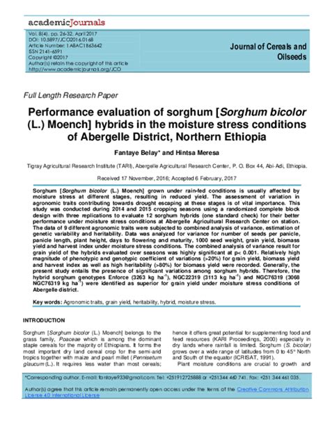 Pdf Performance Evaluation Of Sorghum Sorghum Bicolor L Moench Genotypes For Lowland