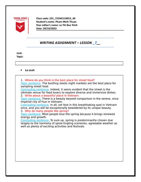 Writing Assignment 1 Unit 1 Lesson 3 Class Code 23171eng110013