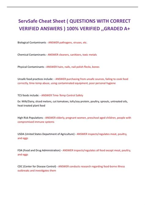 ServSafe Cheat Sheet QUESTIONS WITH CORRECT VERIFIED ANSWERS VERIFIED GRADED A