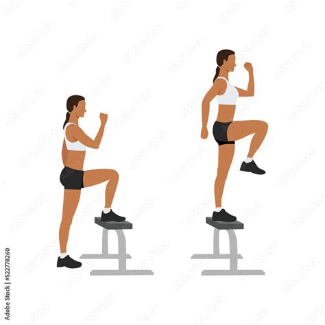 Woman Doing Step Up With Knee Raises Exercise Flat Vector Illustration Isolated On White