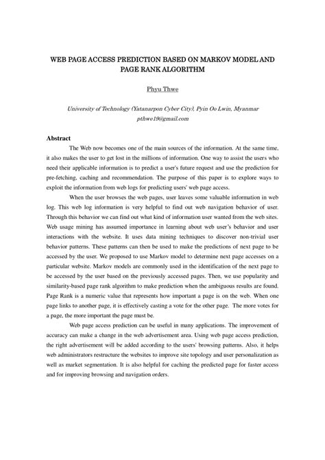 Pdf Web Page Access Prediction Based On Markov Model And Page Rank Algorithm
