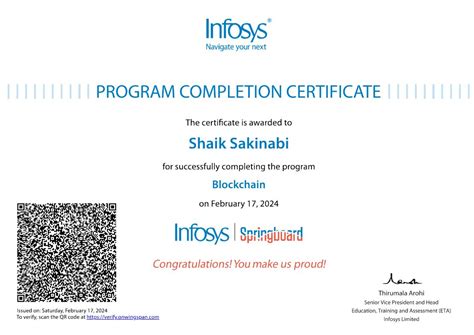 Completed Blockchain Program By Infosys Springboard Shaik Sakinabi