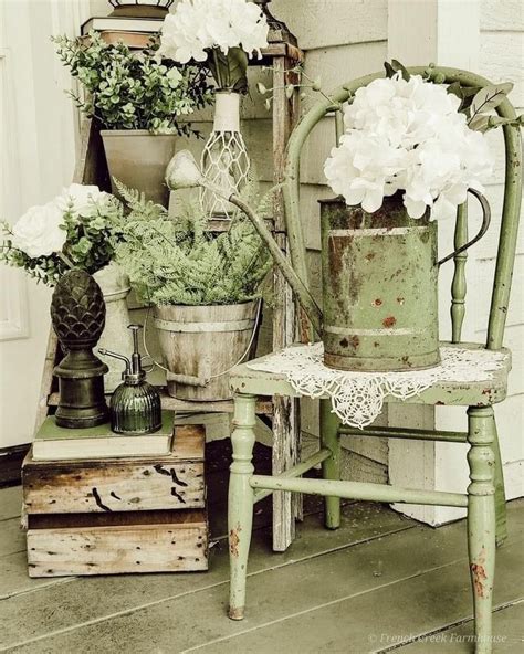 Pin By Sheryl On Vignettes Spring Porch Decor Shabby Chic Porch Vintage Farmhouse Decor