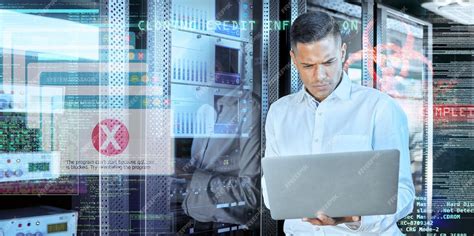 Premium Photo Overlay Futuristic Or Programmer With Laptop In Server