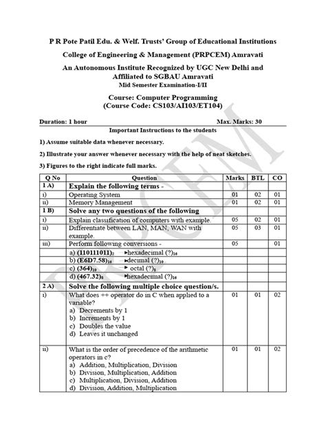 Mse I Question Paper Pdf Computer Programming Mathematics