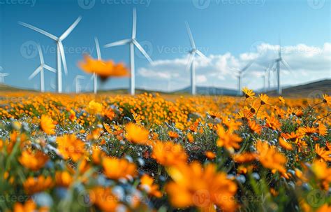 Wind Turbines In Field Of Flowers A Photo Of Wind Turbines In A Field