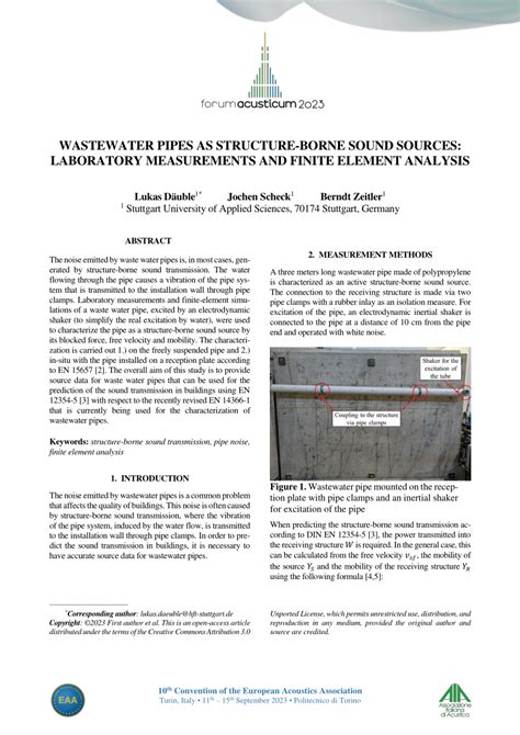 PDF WASTEWATER PIPES AS STRUCTURE BORNE SOUND SOURCES LABORATORY MEASUREMENTS AND FINITE