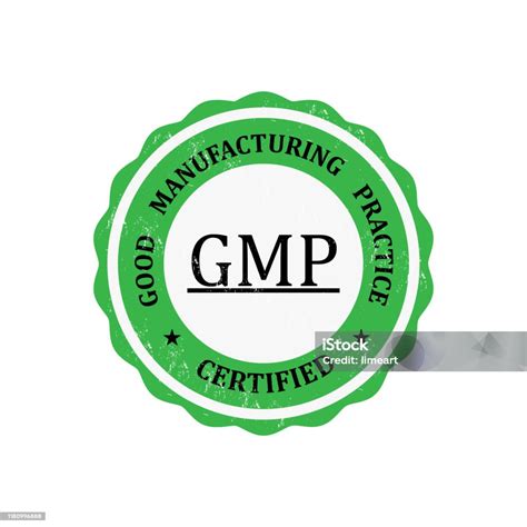 Gmp 인증 아이콘 그런 지 스타일의 좋은 제조 관행 로고 녹색 둥근 스탬프 레이블입니다 흰색 배경에 격리된 플랫 벡터 그림입니다 건강관리와 의술에 대한 스톡 벡터 아트 및