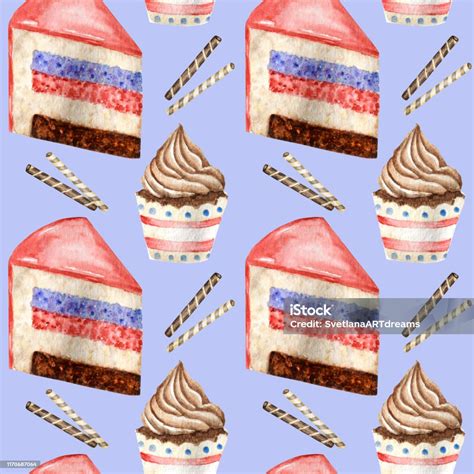 초콜릿 컵 케이크 와플과 케이크 조각 밝은 달콤한 맛있는 수채화 원활한 패턴 보라색 배경에 빨간색 보라색 갈색 직물 텍스처 손으로 그려진 그림 귀여운에 대한 스톡 벡터 아트