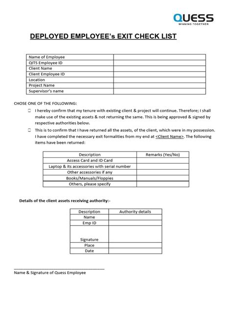 Exit Checklist Revised Pdf