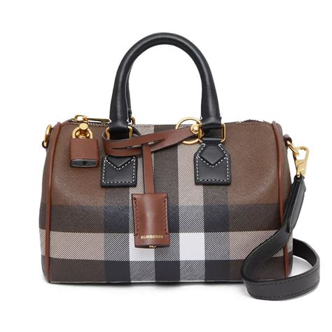 Burberry Check And Leather Mini Bowling Bag Archive Beigebriar Brown