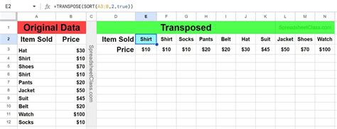 Sorting Horizontally And Using The Sort And Transpose Functions Together