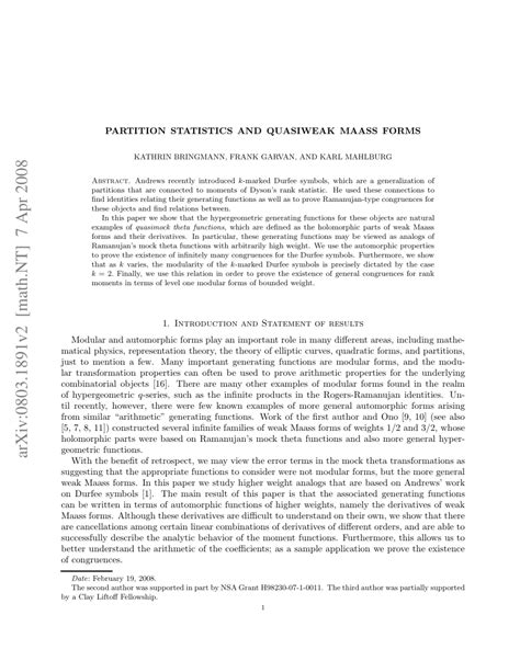 Pdf Partition Statistics And Quasiweak Maass Forms