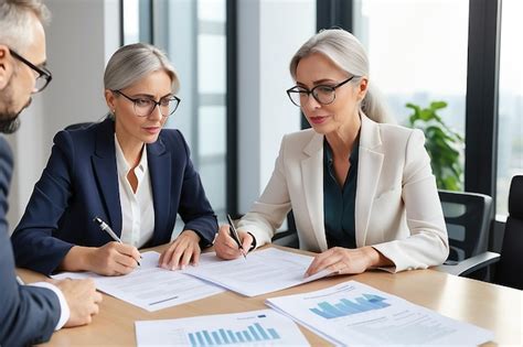Mature Business Woman Manager Discussing Documents Looking At Partner