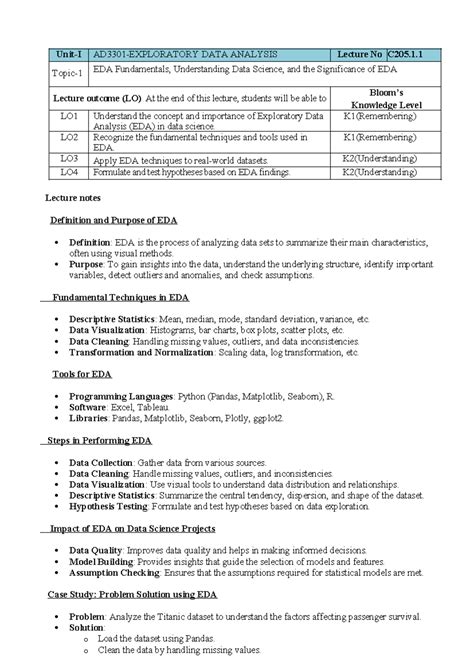 unit 1 exploratory data analysis unit i ad3301 exploratory data