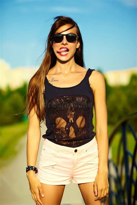 Funny Stylish Model Girl In Casual Hipster Cloth In The Street Stock
