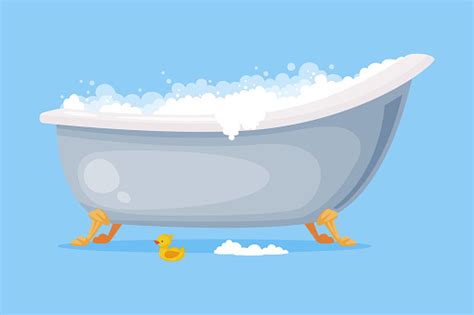 발톱 발에 주철 욕조는 비누 거품이 있는 물로 가득 차 있다 파란색 배경 벡터 그림에 격리된 거품 가구에 대한 스톡 벡터 아트