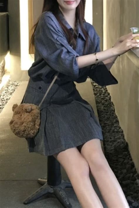 핑크프릴 Set 데님 긴팔 셔츠 플리츠 미니스커트 투피스세트