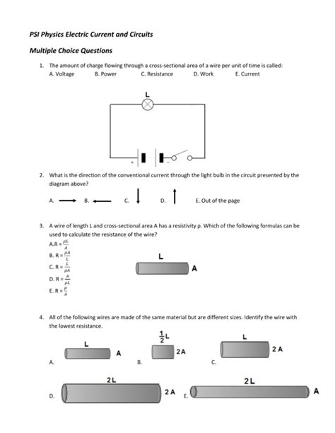 Electric Current And Circuits Worksheet Physics Problems