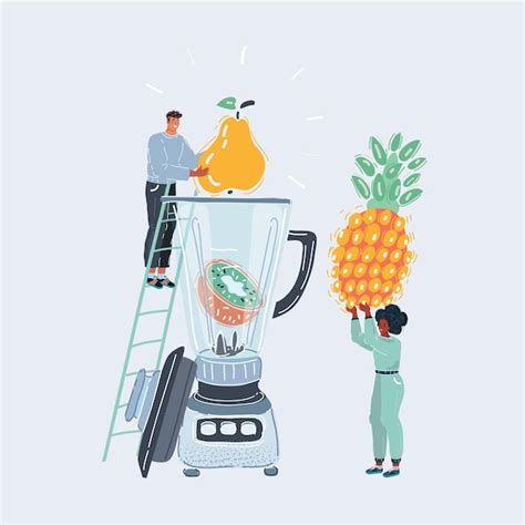 Premium Vector Vector Illustration Of Couple Putting Various Fruits Into Big Blender Tiny Man