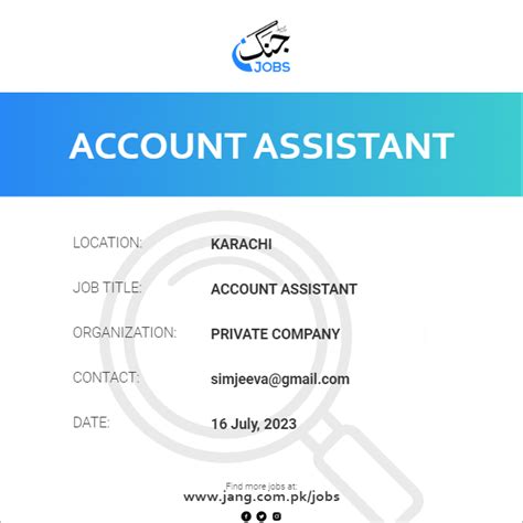 Account Assistant Job Private Company Jobs In Karachi 67538
