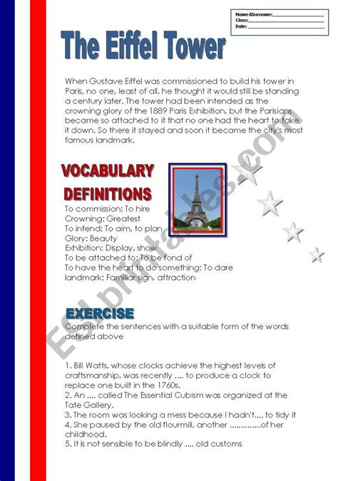 the eiffel tower vocabulary exercise key included esl worksheet by