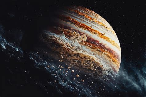 행성 목성과 우주 은하 성운 행성 표면의 가스 이동 환상적인 공간 풍경 3d 그림 프리미엄 사진
