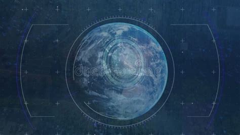 Animation Of Scope Scanning Over Ticking Clock And Spinning Globe Against Blue Background Stock