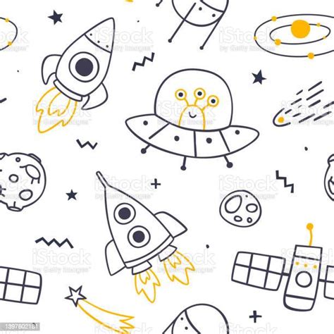 외부 공간 윤곽선 낙서 패턴 아기 직물과 침구를위한 귀여운 우주 벡터 원활한 인쇄 0명에 대한 스톡 벡터 아트 및 기타 이미지 0명 궤도 귀여운 Istock
