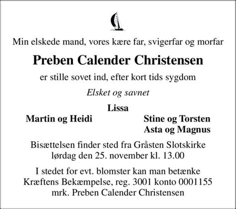Preben Calender Christensen Dødsannoncer I Danmark