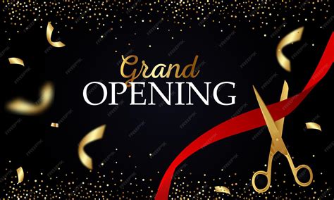 Banner De Gran Inauguración Con Cinta Globos Y Tijeras De Oro Confeti
