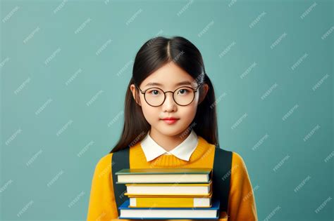Premium Ai Image Happy School Pupil Asian Girl In Glasses On Isolated