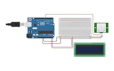 circuit design pir sensor and lcd display i2c tinkercad