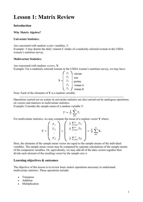Lesson 1 Matrix Review