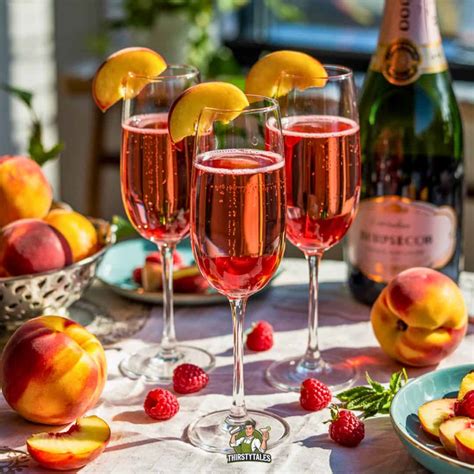 Peach Raspberry Bellini Cocktail Recipe Thirsty Tales