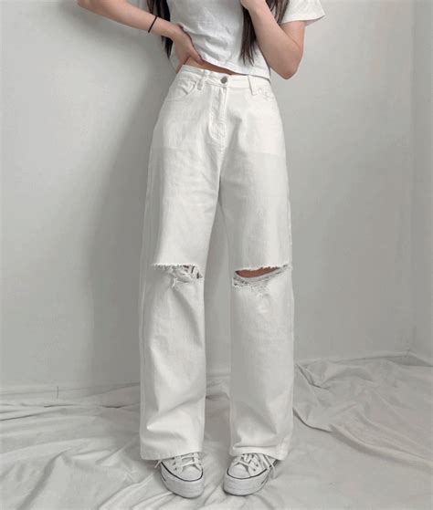 ~xl숏and롱핏예쁨💕 데미지 컷팅 스판 와이드 일자 롱팬츠 2color 키작녀 키큰녀 기장선택 화이트 블랙 에이블리