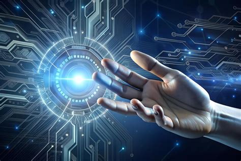 Cybernetic Hand Reaching Digital Interface Symbolizing Humantechnology